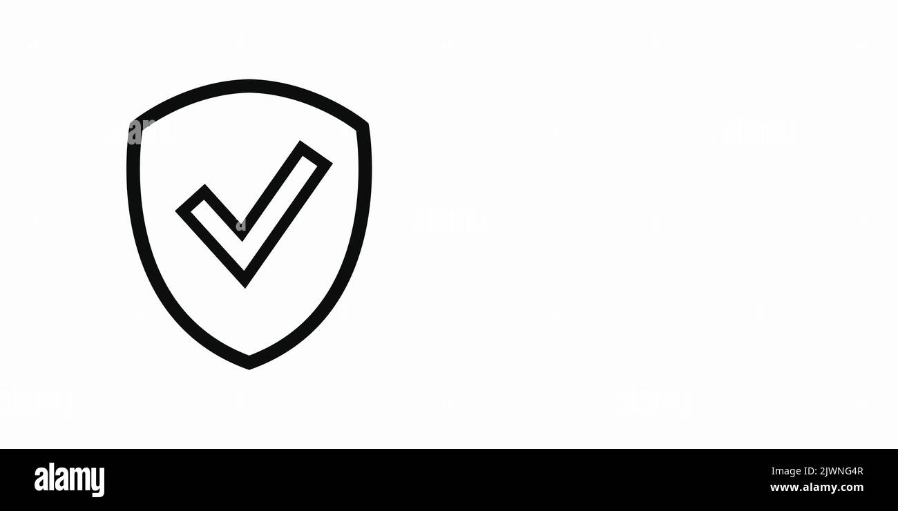 Black icon of a shield and a check mark. Place for text. Copy space ...