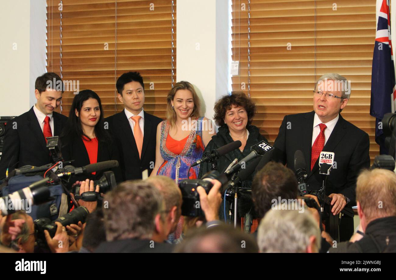 Photograph shows Kevin Rudd press conference wife Therese Rein, son ...