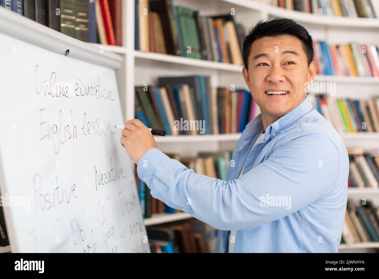 Japanese Male Teacher Writing On Whiteboard Teaching Standing In ...