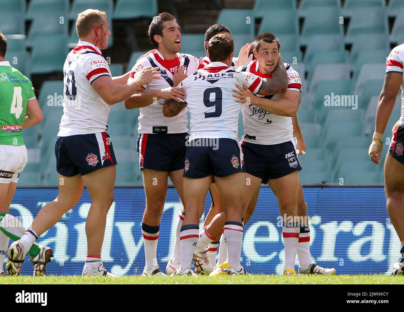 Roosters celebrate the try of Daniel Mortimer during NRL Rugby League ...