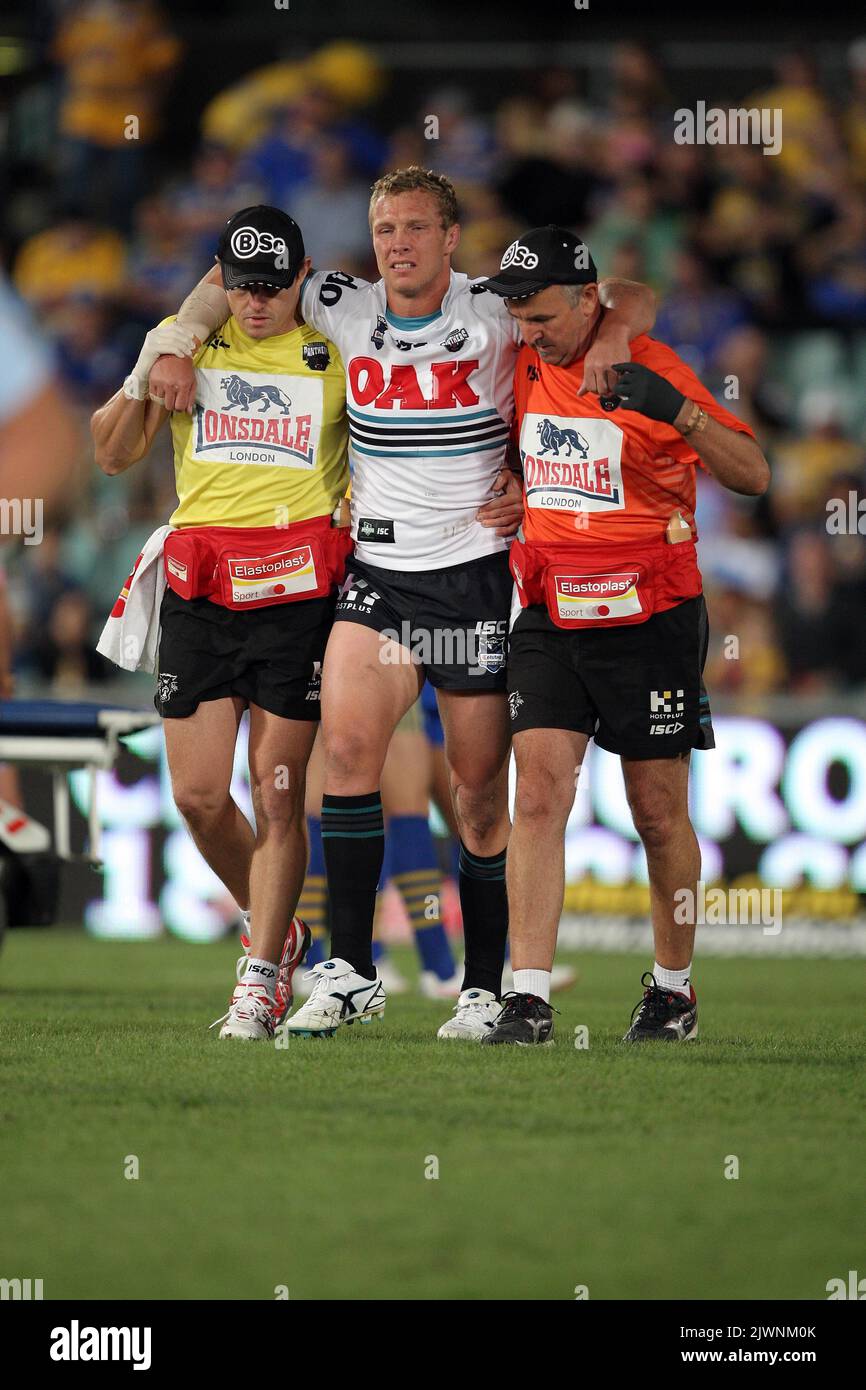 Nathan Smith is injured during NRL Rugby League match between ...