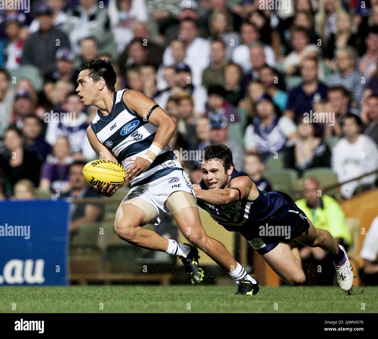 Allen Christensen of Geelong shruggs off a tackle by Hayden Ballantyne ...