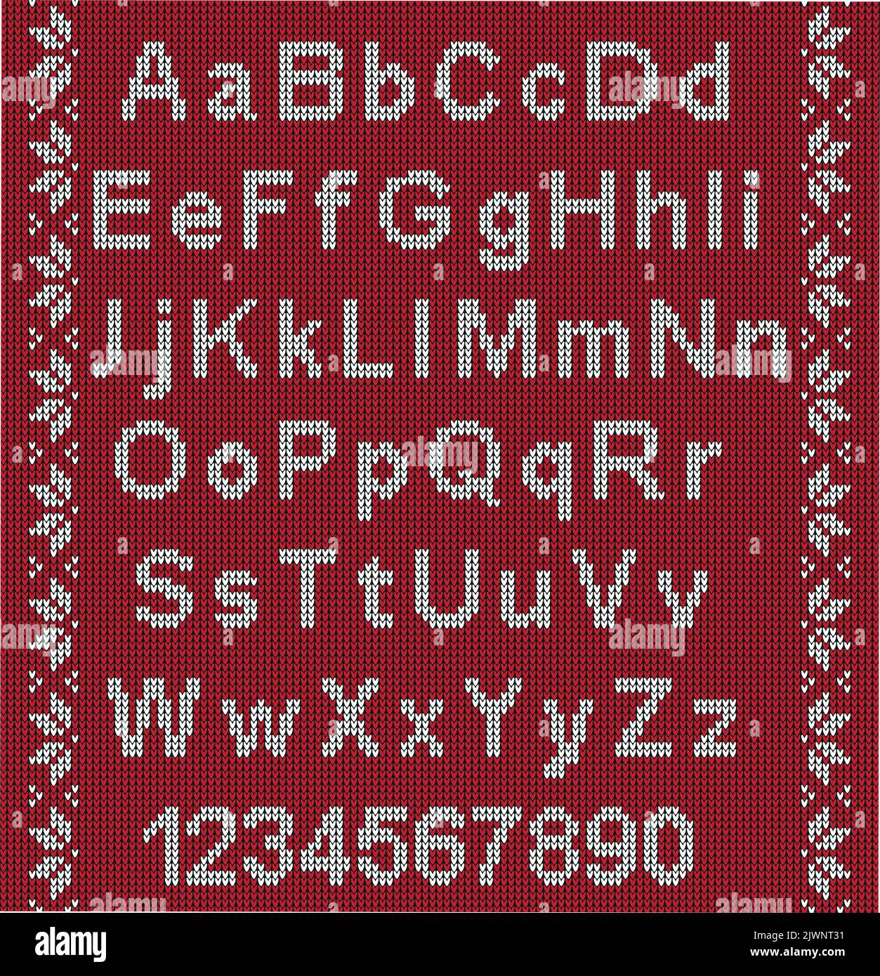 Christmas font. Knitted latin alphabet on seamless knitted pattern with ...