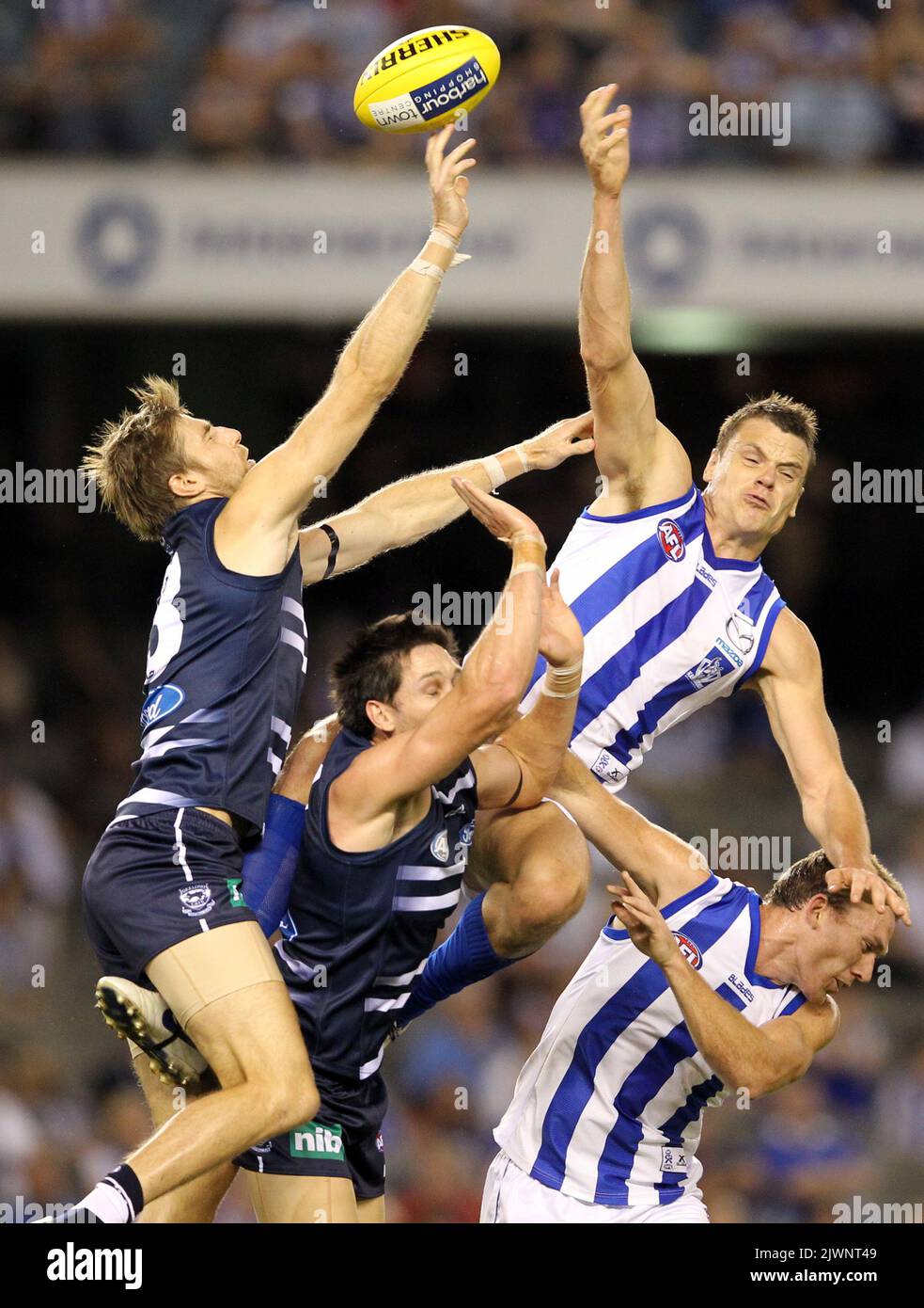 Tom Lonergan goes up for the ball for Geelong against Hamish McIntosh ...