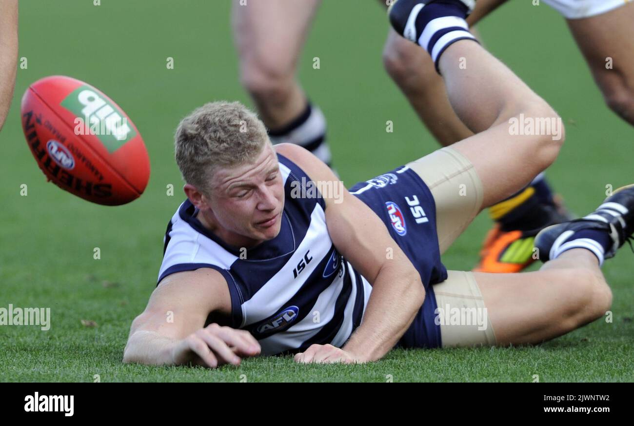 Taylor Hunt goes to ground as Geelong plays Richmond in round 4 of the ...
