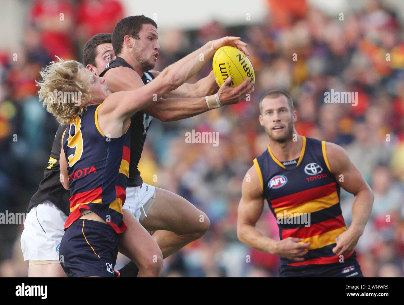 Rory Sloane of the Adelaide Crows contests for the ball with Brent ...