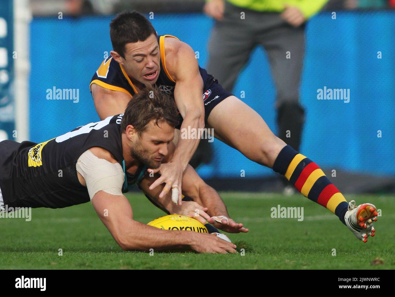 Ian Callinan of the Adelaide Crows contests for the ball with Jacob ...