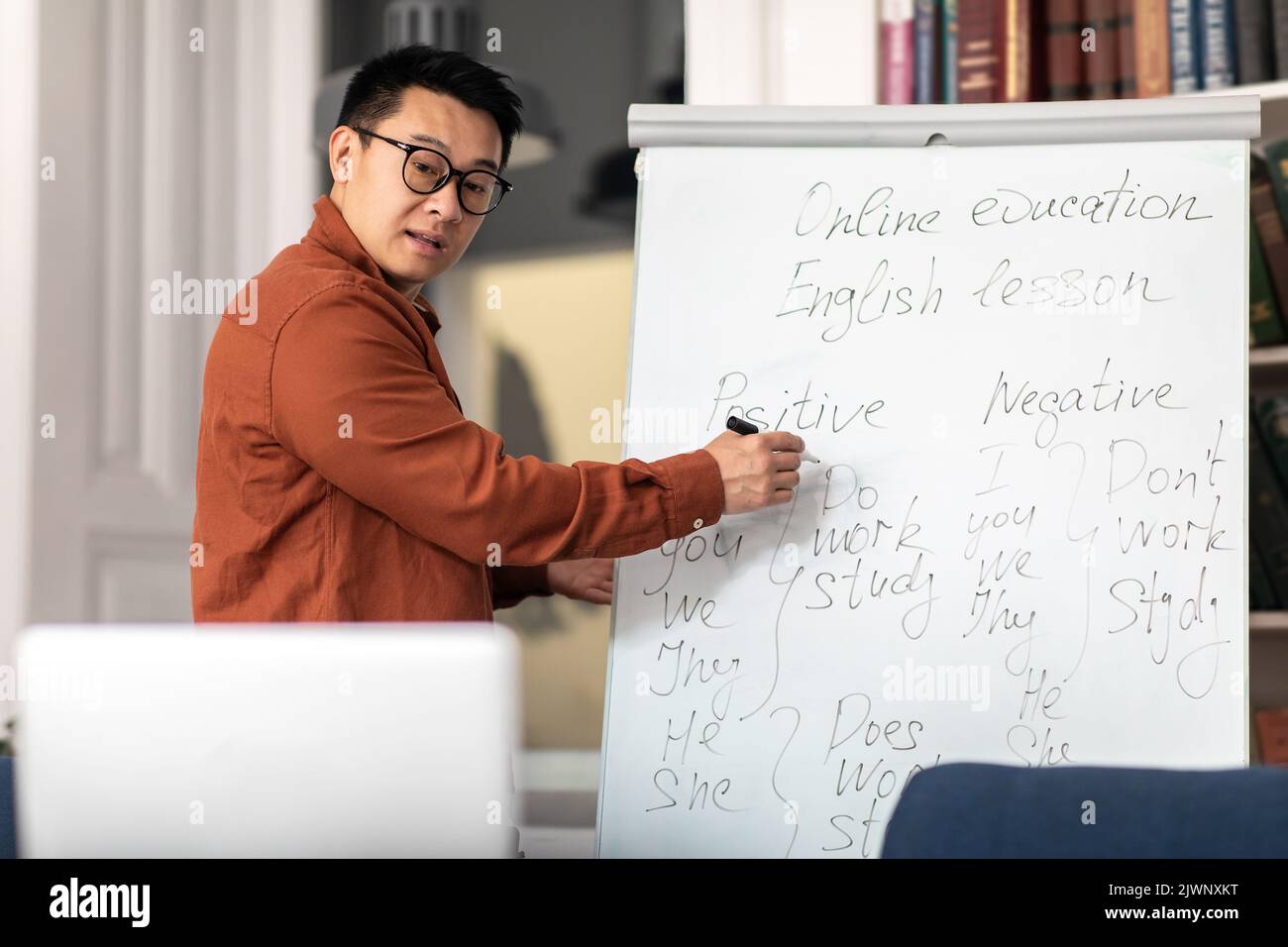 Japanese Teacher Man Having Online Class Teaching English Online Indoor ...