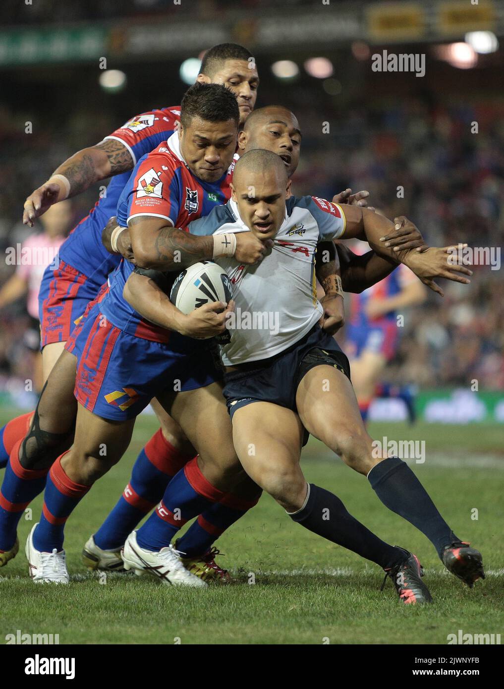 Ray Thompson gets pushed back in-goal during the NRL Rugby League match ...