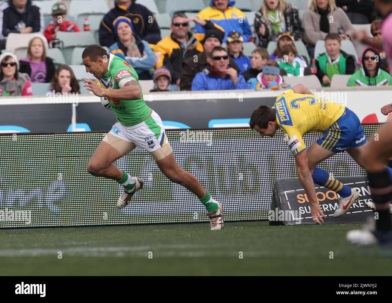 Blake Ferguson gets away from Ryan Morgan during the NRL Rugby League ...