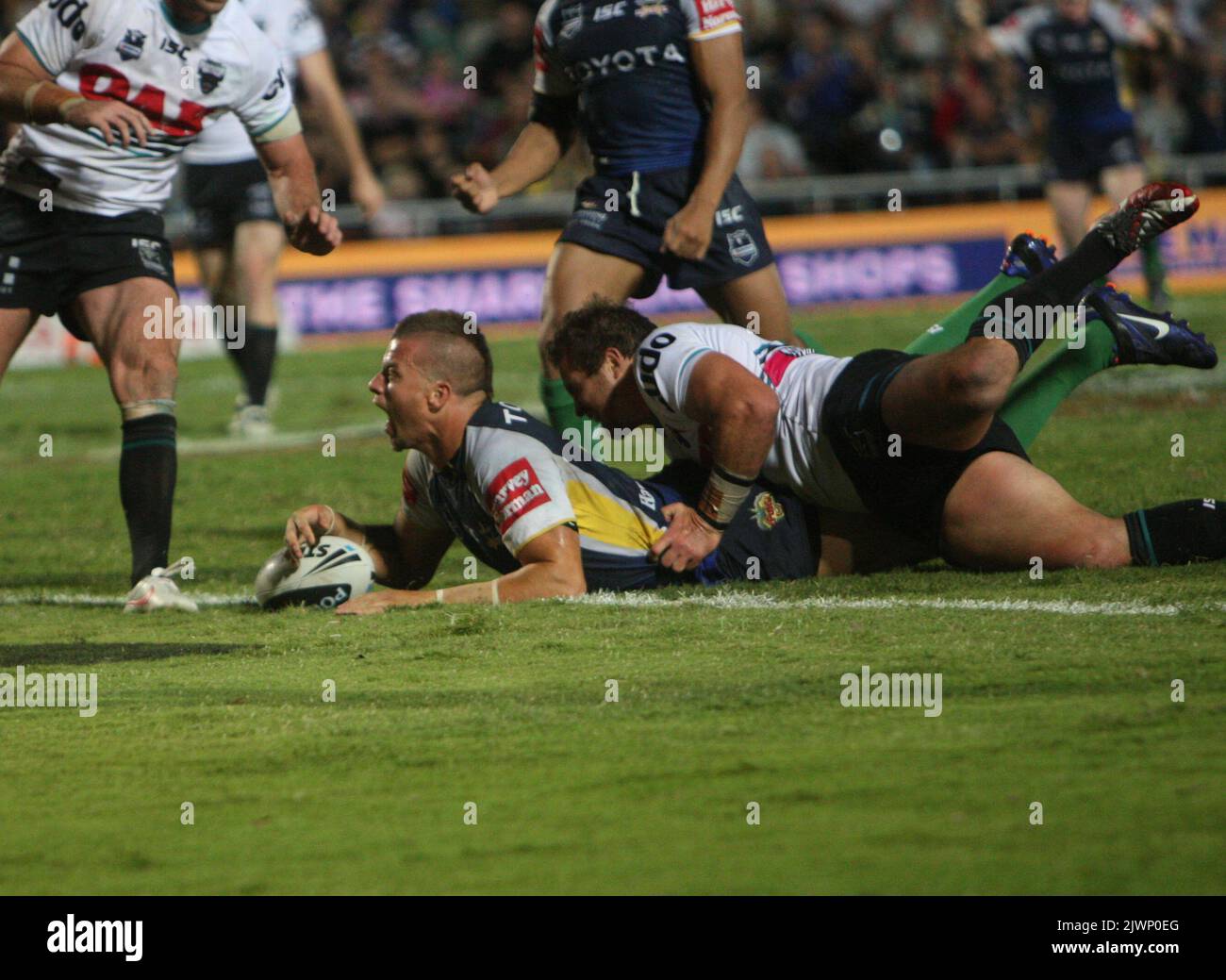 Ashton Sims enjoys scoring the winning try during NRL Rugby League ...
