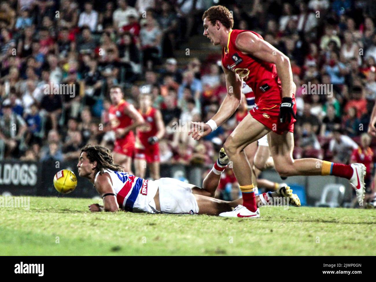 Luke Dahlhaus of Western Bulldogs goes to ground during the Round 8 AFL ...