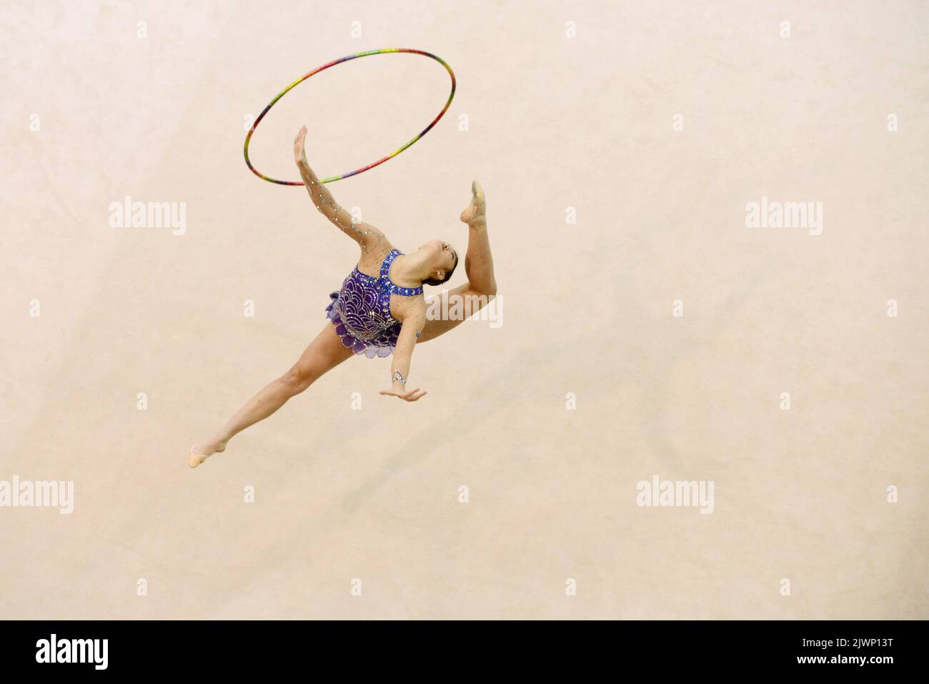 Rhythmic gymnasts Enid Sung of QLD competes with the hoop durng the ...