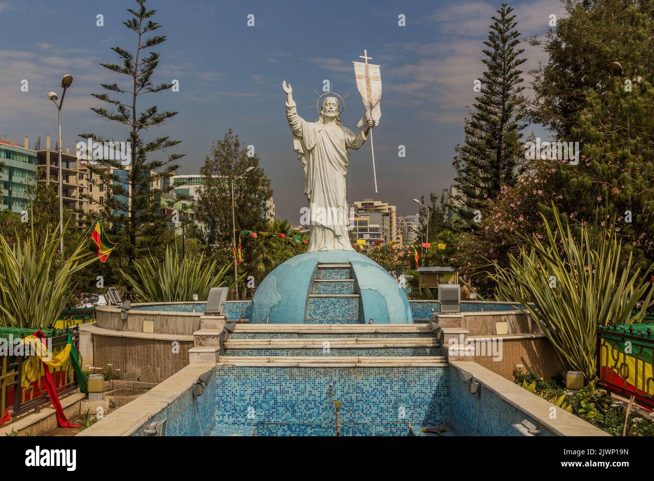 Statue of the Jesus Christ in front of Medhane Alem Cathedral in Addis ...