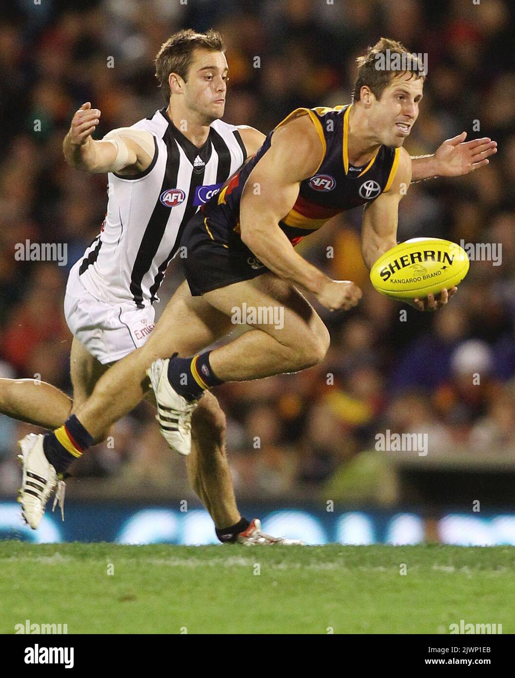Matthew Wright of the Adelaide Crows looks to hand ball in front Alan ...