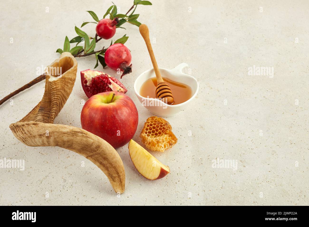 Rosh hashanah, jewish New Year holiday concept. Pomegranate, apples and ...
