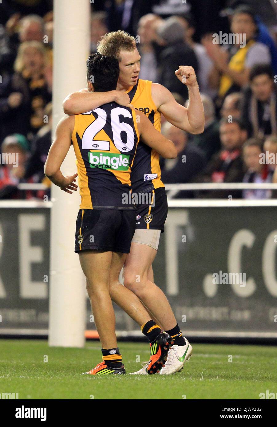 Jack Riewoldt celebrates a goal for Richmond with Robin Nahas in their ...