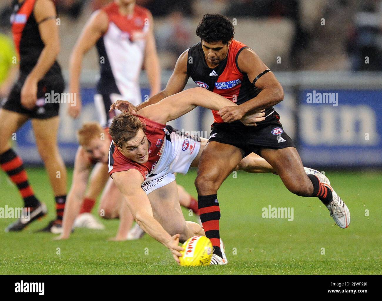 Alwyn Davey of Essendon and Luke Tapscott of Melbourne, contest the ...