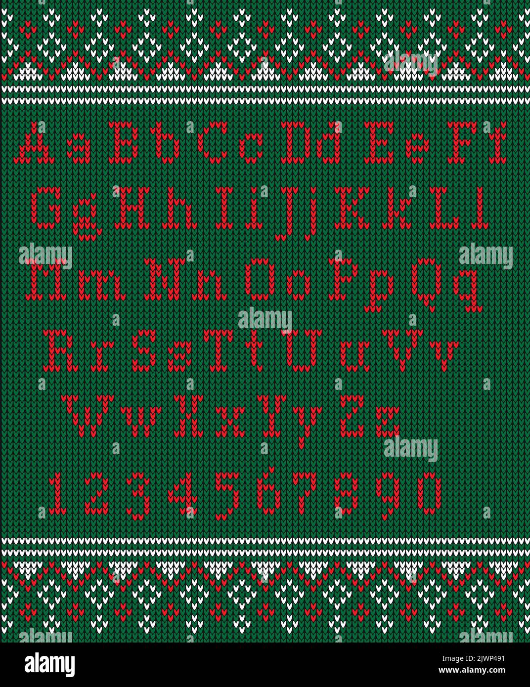 Christmas font. Knitted latin alphabet on seamless knitted pattern with ...
