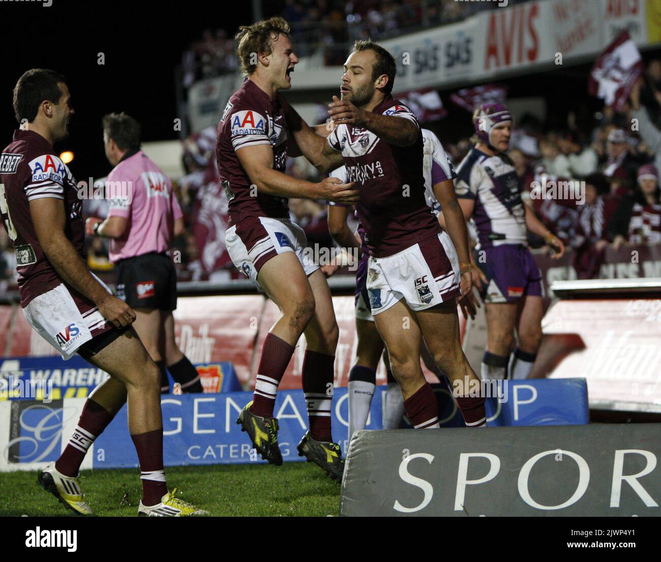 Brett Stewart celebrates his second try with Daly Cherry Evans during ...