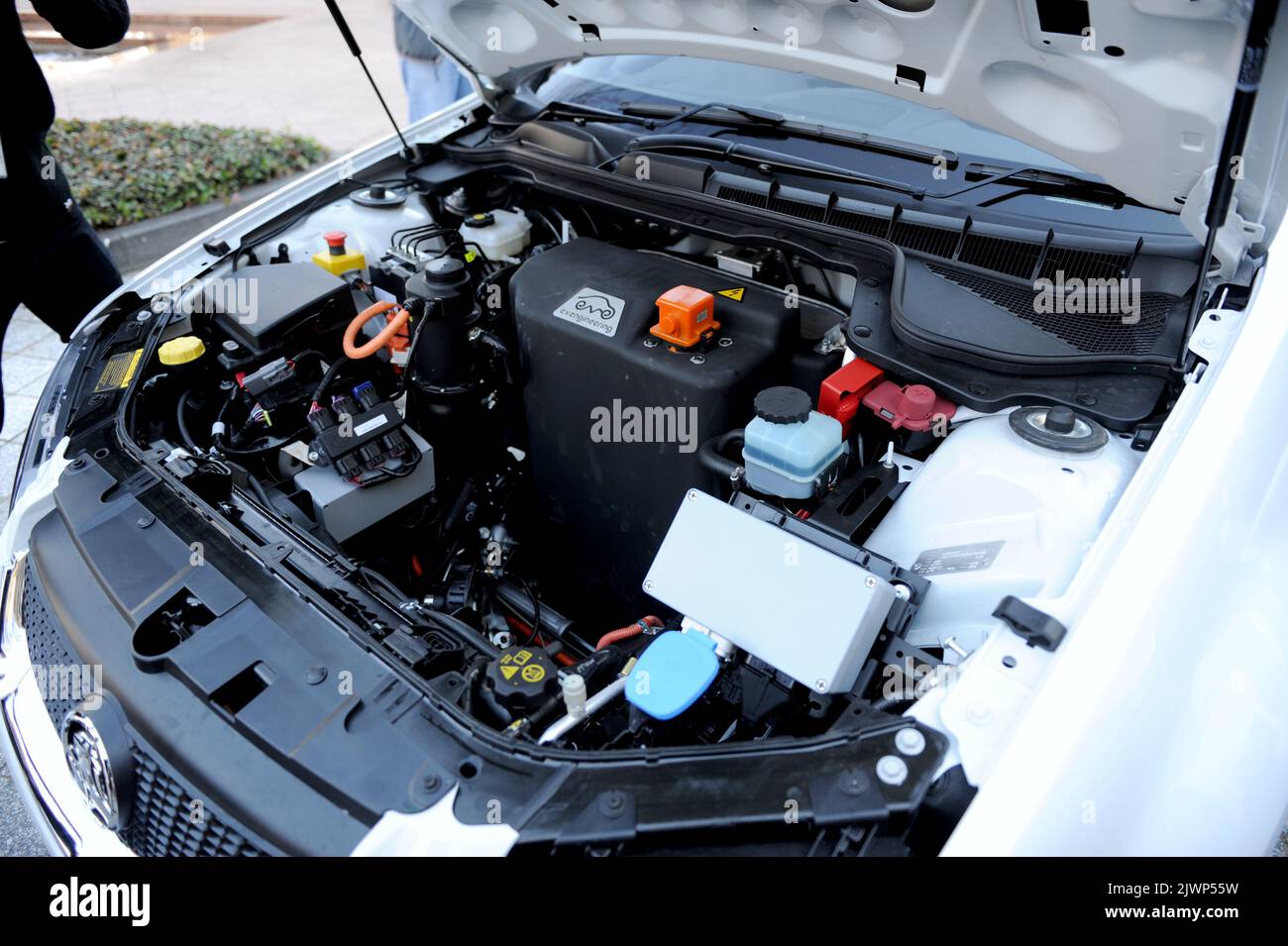 The engine bay of the fully electric Comcar in Canberra, Thursday, June ...
