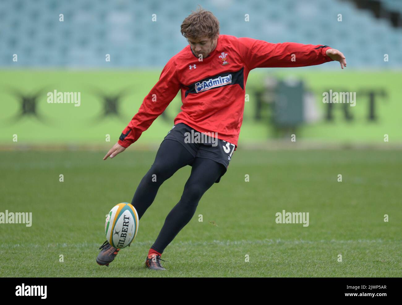 Welsh Rugby Union player Leigh Halfpenny practices his kicking during ...