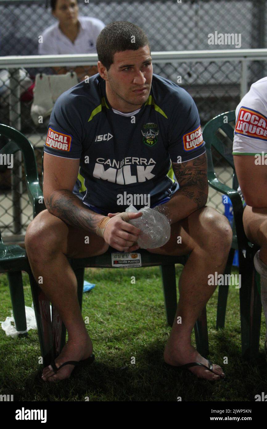 Joel Thompson off at half time with a hand injury during the NRL Rugby ...