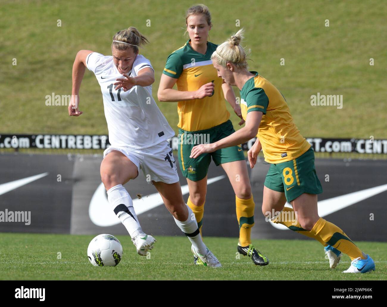 New Zealand's Hannah Wilkinson comes under pressure from Australia's ...
