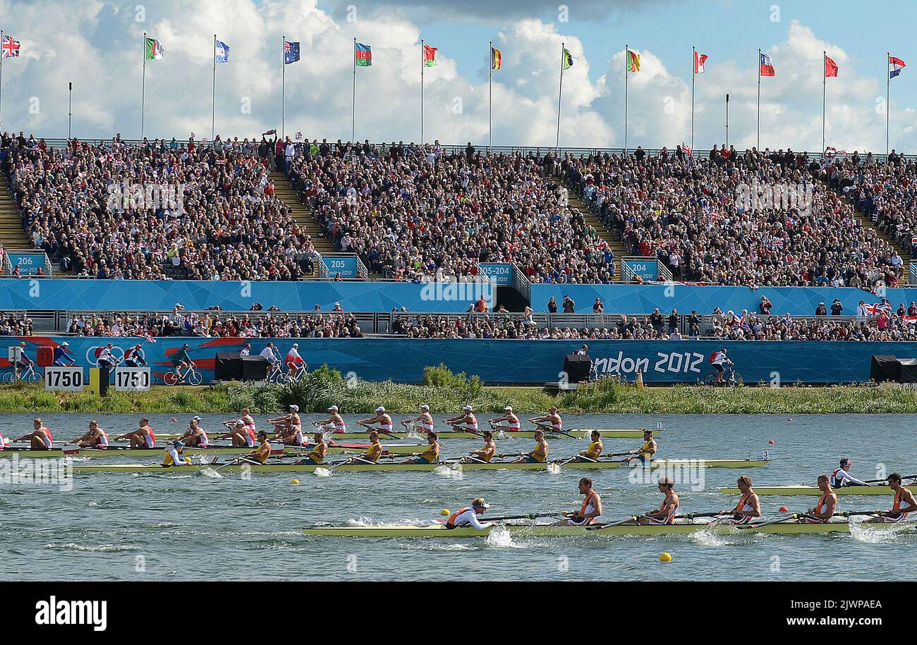 The Australian Men's 8 team (centre) compete in the London Olympic Games Men's 8 Repechage race ...