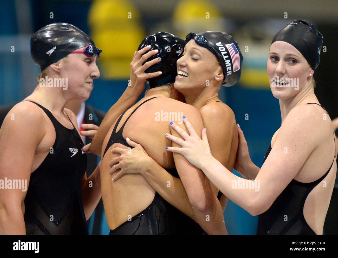The USA womens 4x200 freestyle relay team with their gold medals at the Olympic Games in London ...