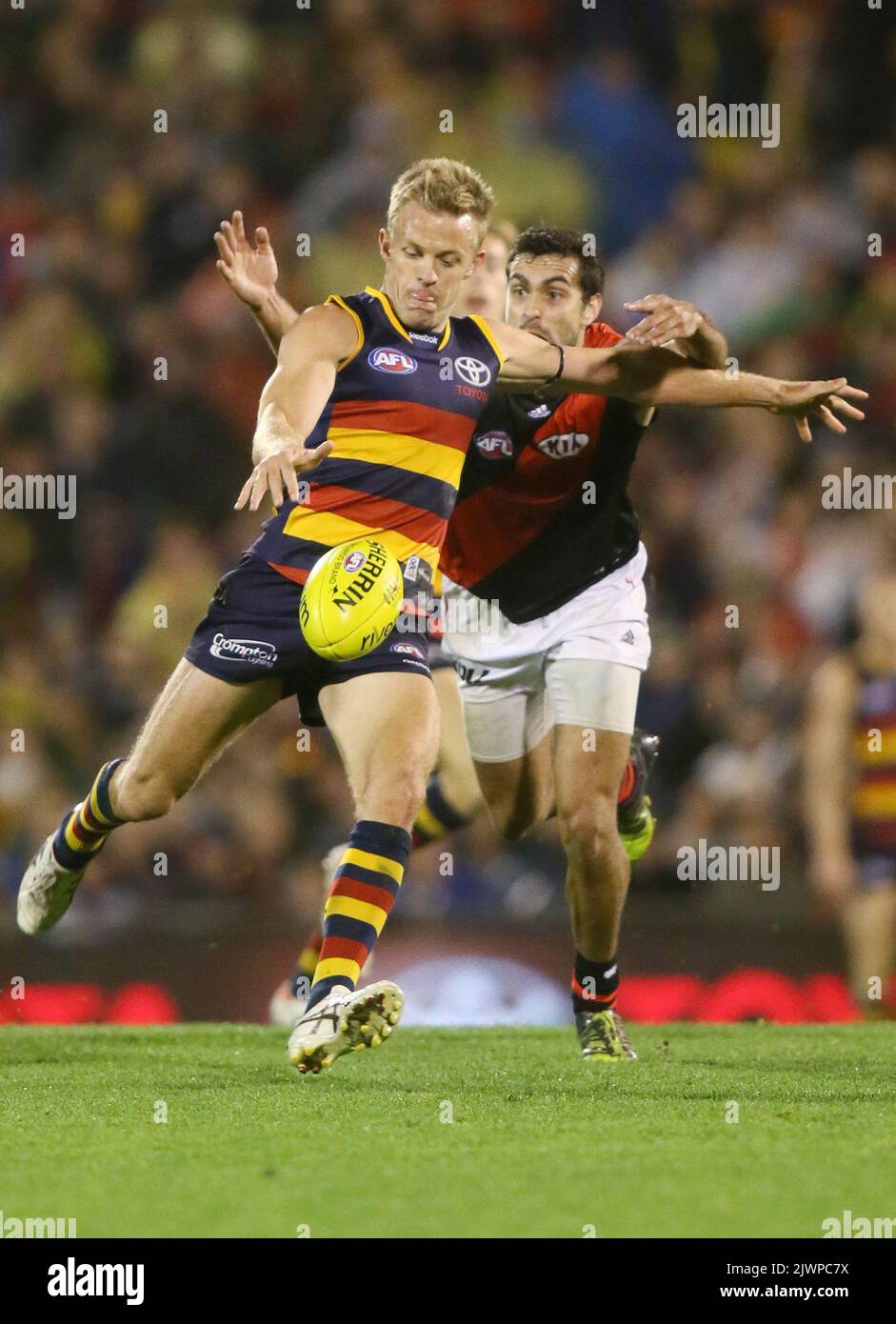 Bernie Vince of the Adelaide Crows gets a kick away before being ...