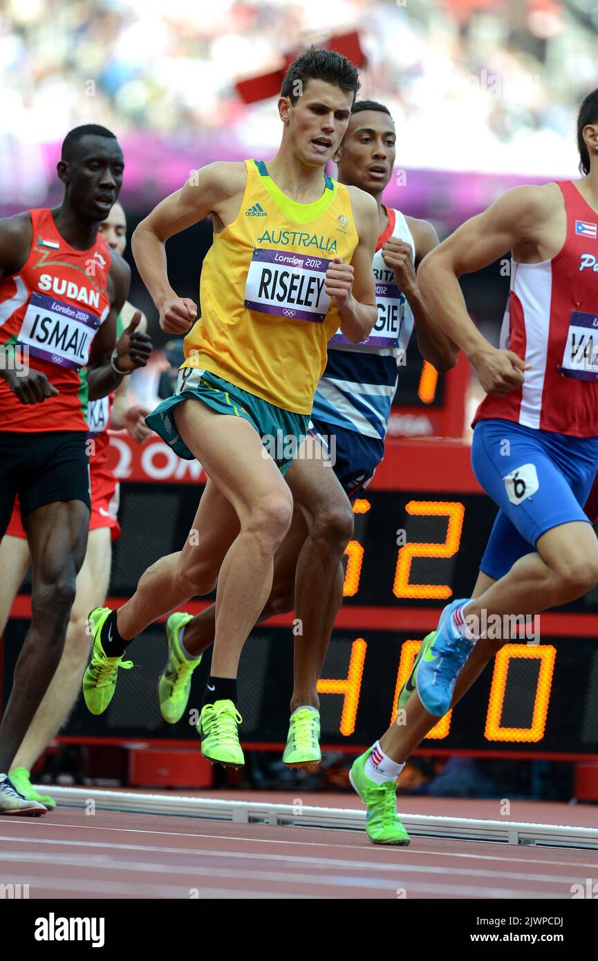 Australia's Jeff Risley (centre) runs during the Men's 400m Heats at the Olympic Games in London ...