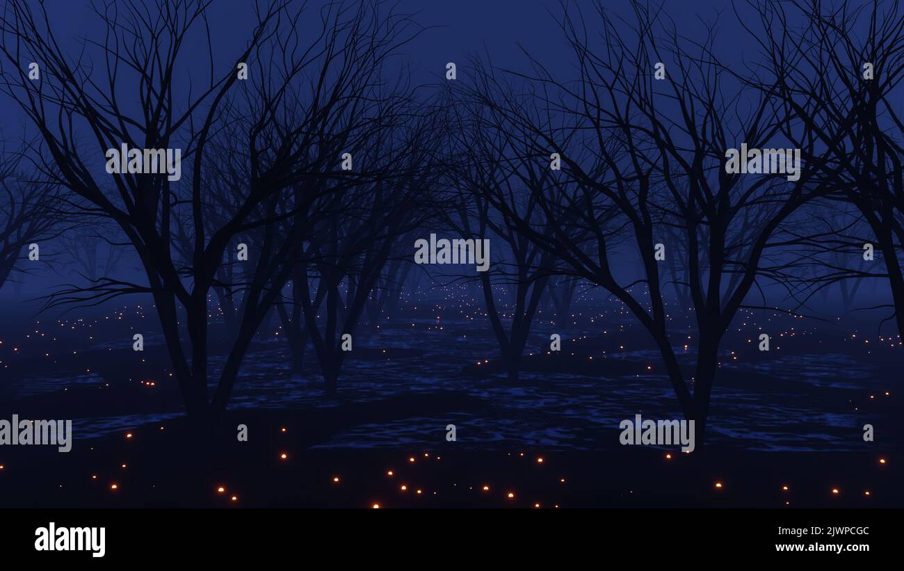 abstract mystical forest in the dark with fog and glowing objects, 3d ...