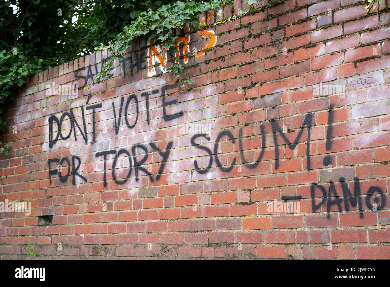Graffiti words written on an outdoor UK brick wall: 'Save the NHS & Don ...
