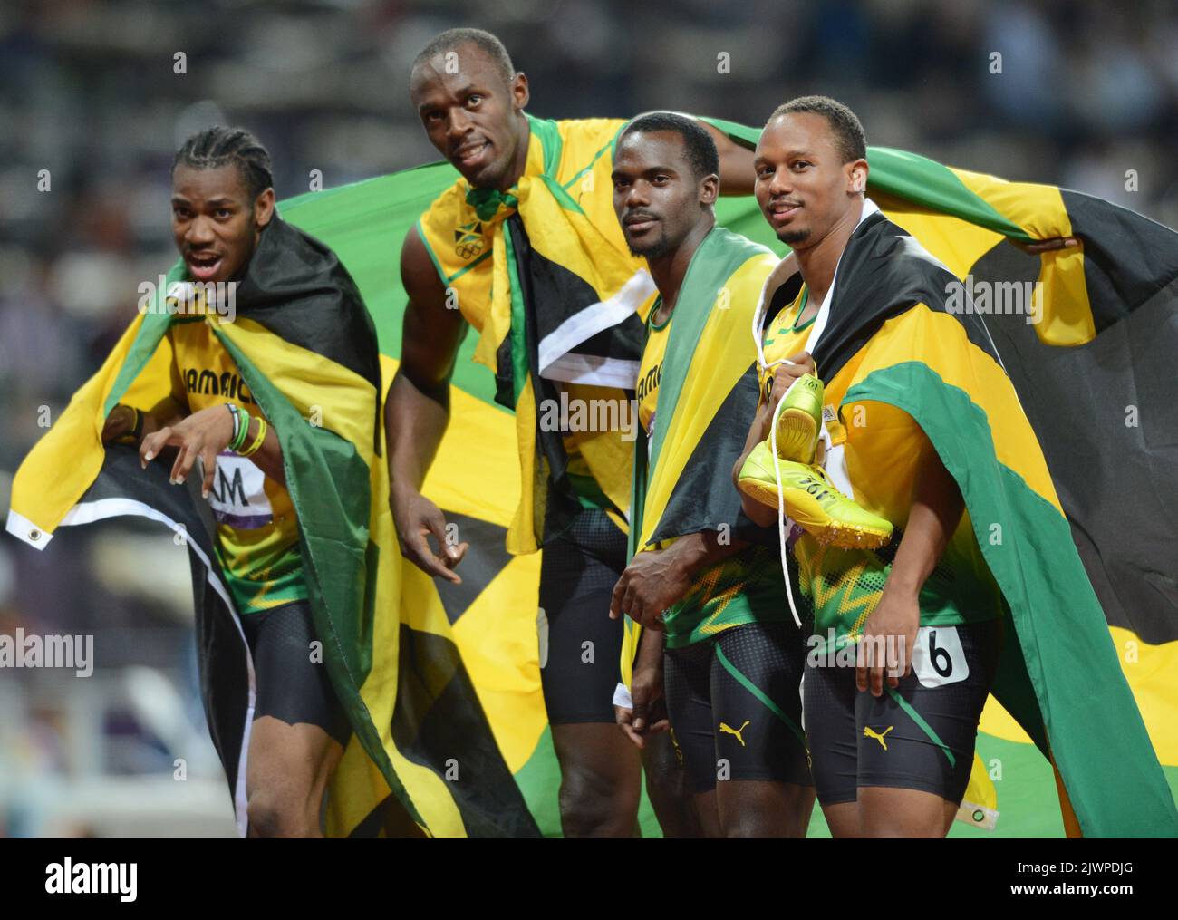 The Jamaican 4x100 relay team of (L to R) Yohan Blake, Usain Bolt, Nesta Carter and Michael ...