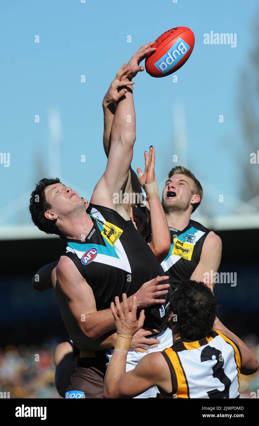 Port Adelaide players Jarrad Redden (left) and Jackson Trengrove ruck ...