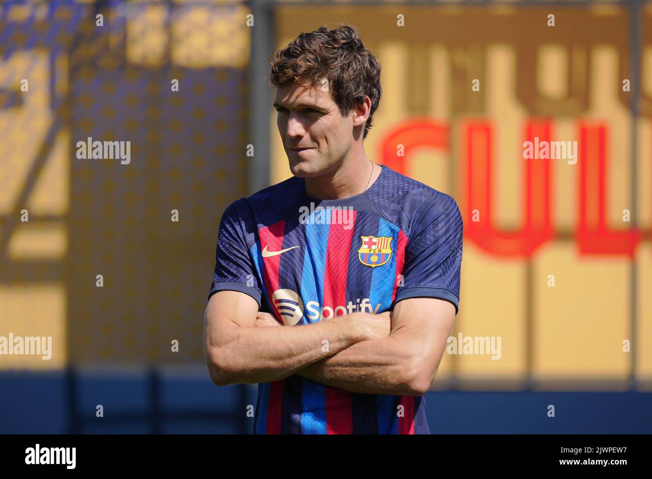 Marcos Alonso during his presentation as new FC Barcelona player at FC ...