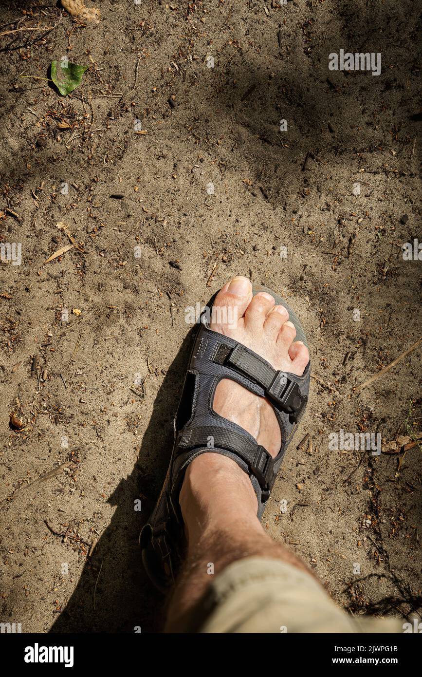Top view of a man foot wearing sandal, while walking on a sandy road ...