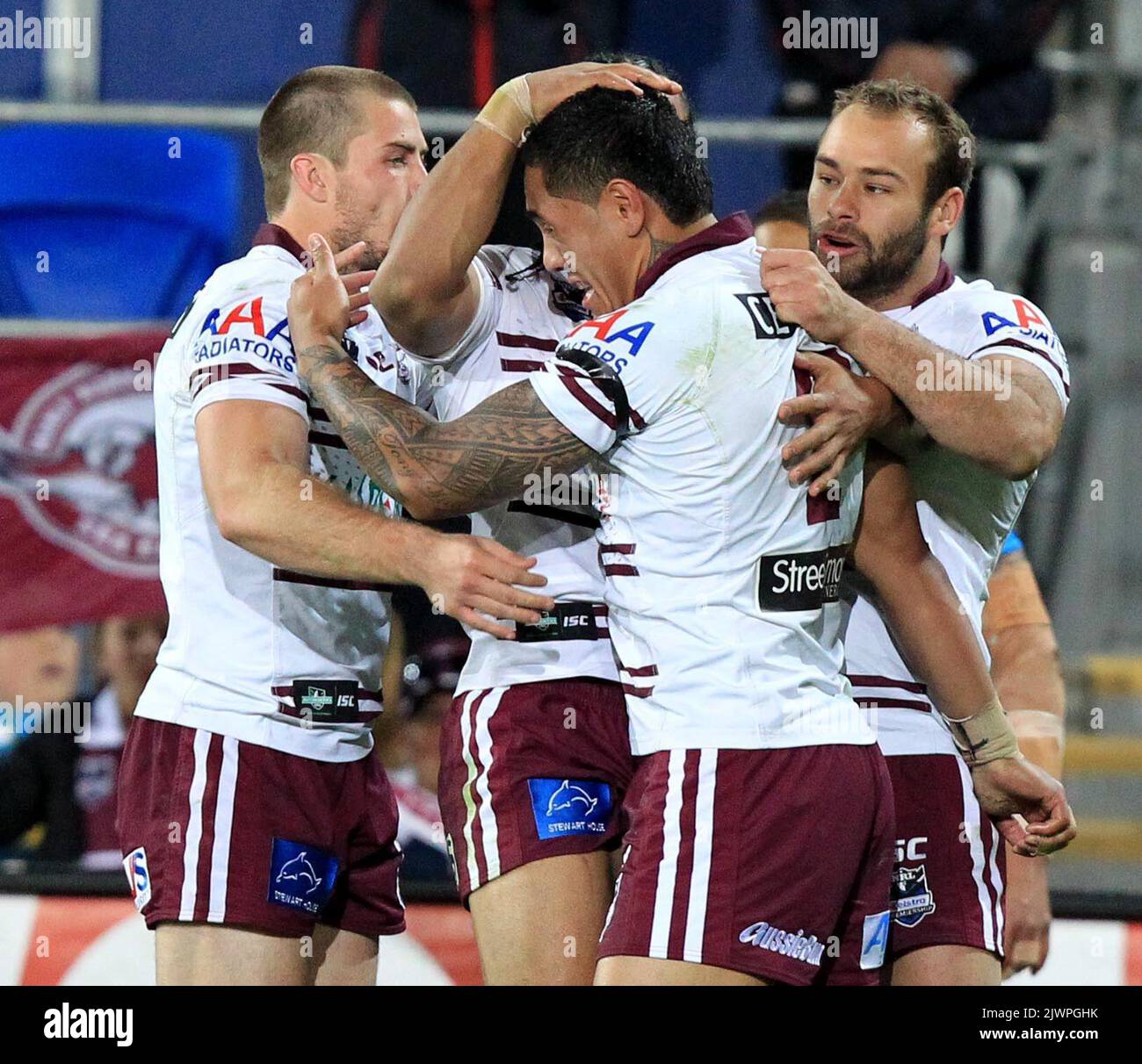 Manley celebrates Jorge Taufau's try during the NRL Round 26 match ...