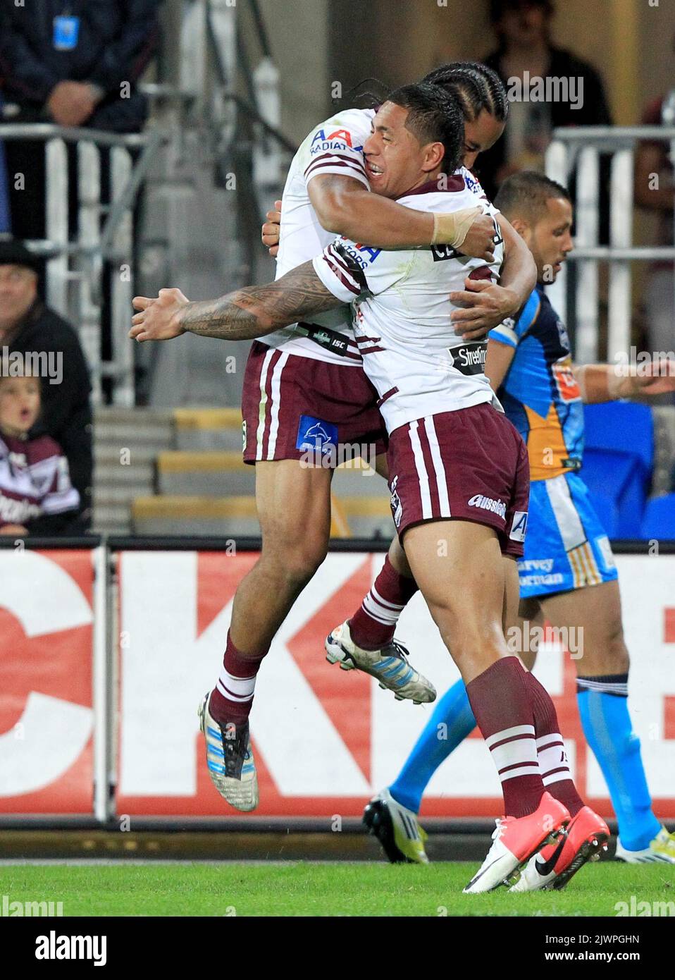 Jorge Taufua celebrates his try during the NRL Round 26 match between ...