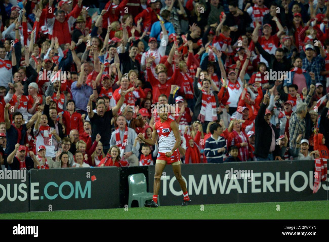 Sydney Swan's Lewis Jetta celebrates another goal against Collingwood ...