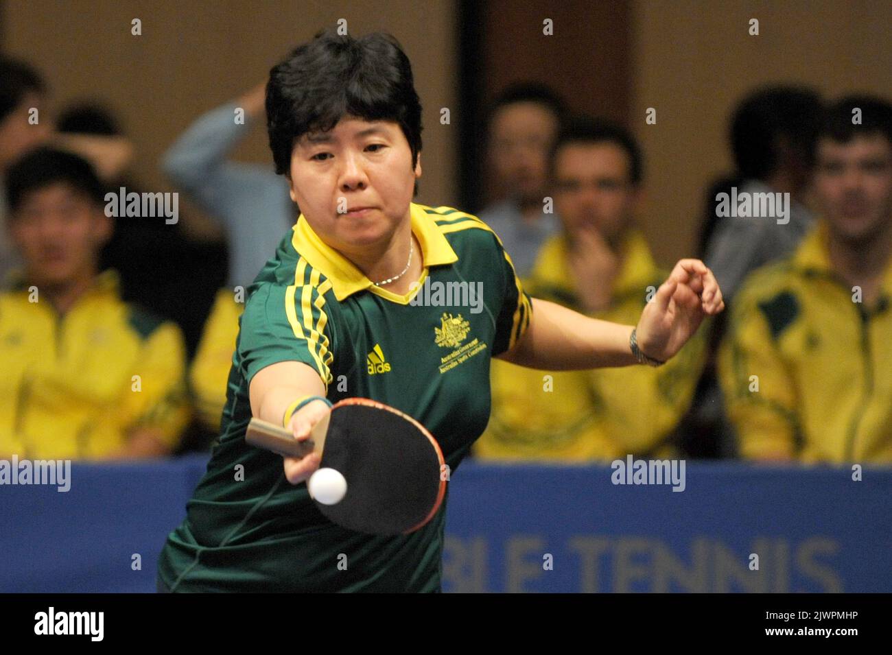 Australia's Jian Ley plays China's Fan Siqi during a table tennis match ...