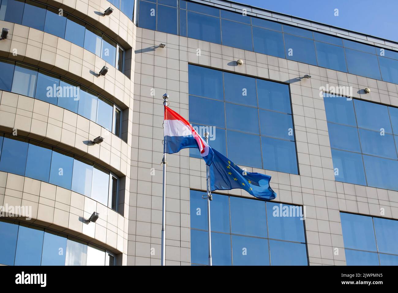 Belarus, Minsk - 18 august, 2022: Flags of the EU and the Netherlands ...