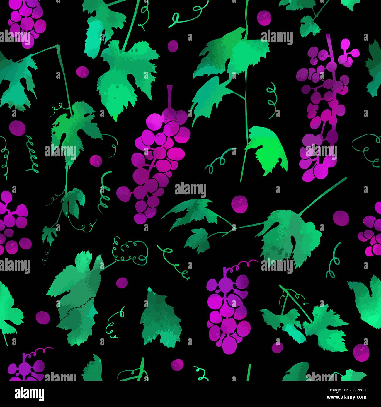 Seamless pattern grapes and leaves on a black background. Vector illustration Stock Vector Image ...