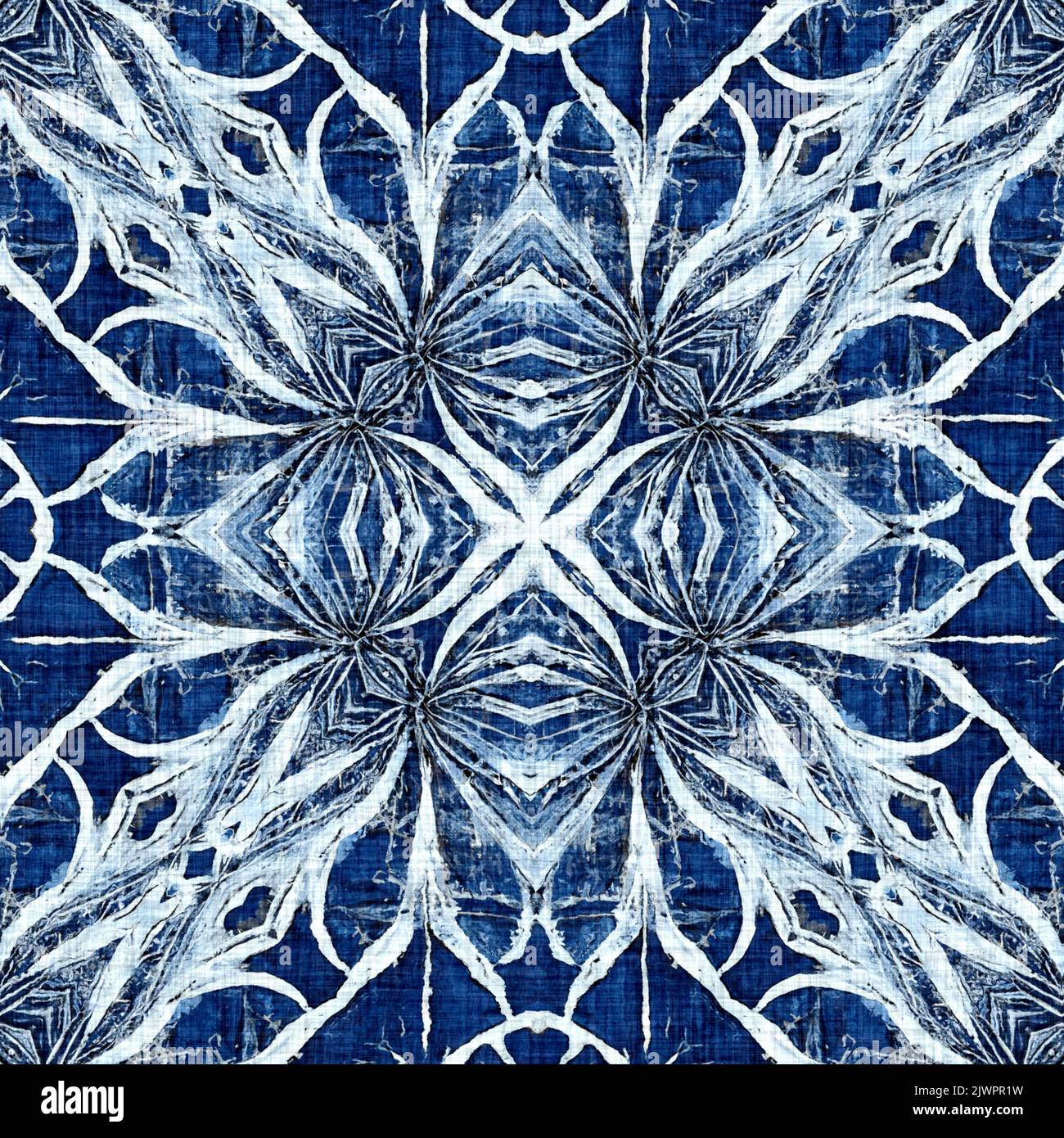 Indigo blue snow flake pattern background. Frosty batik painterly ...