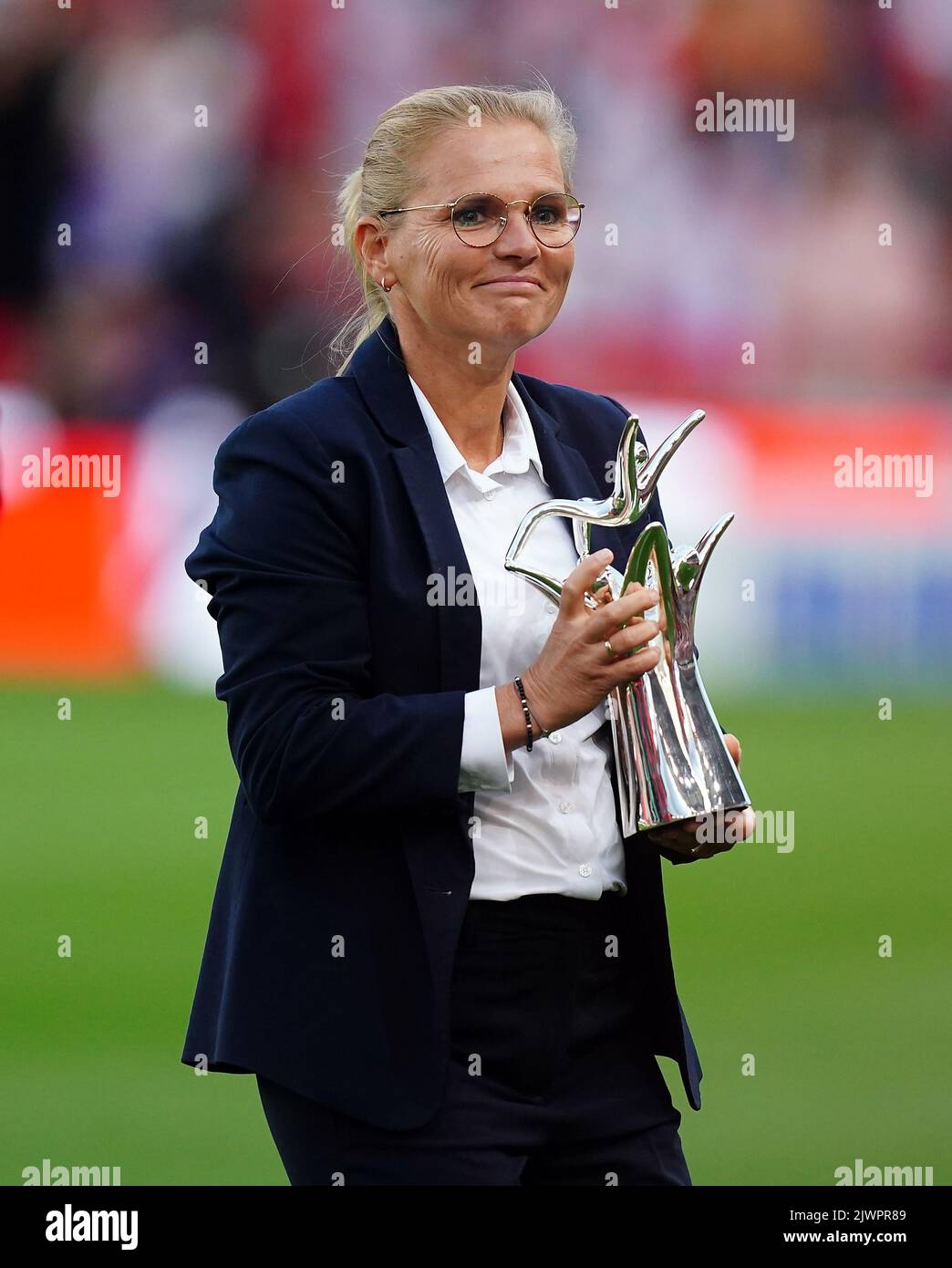 England head coach Sarina Wiegman is presented with her UEFA Women's ...