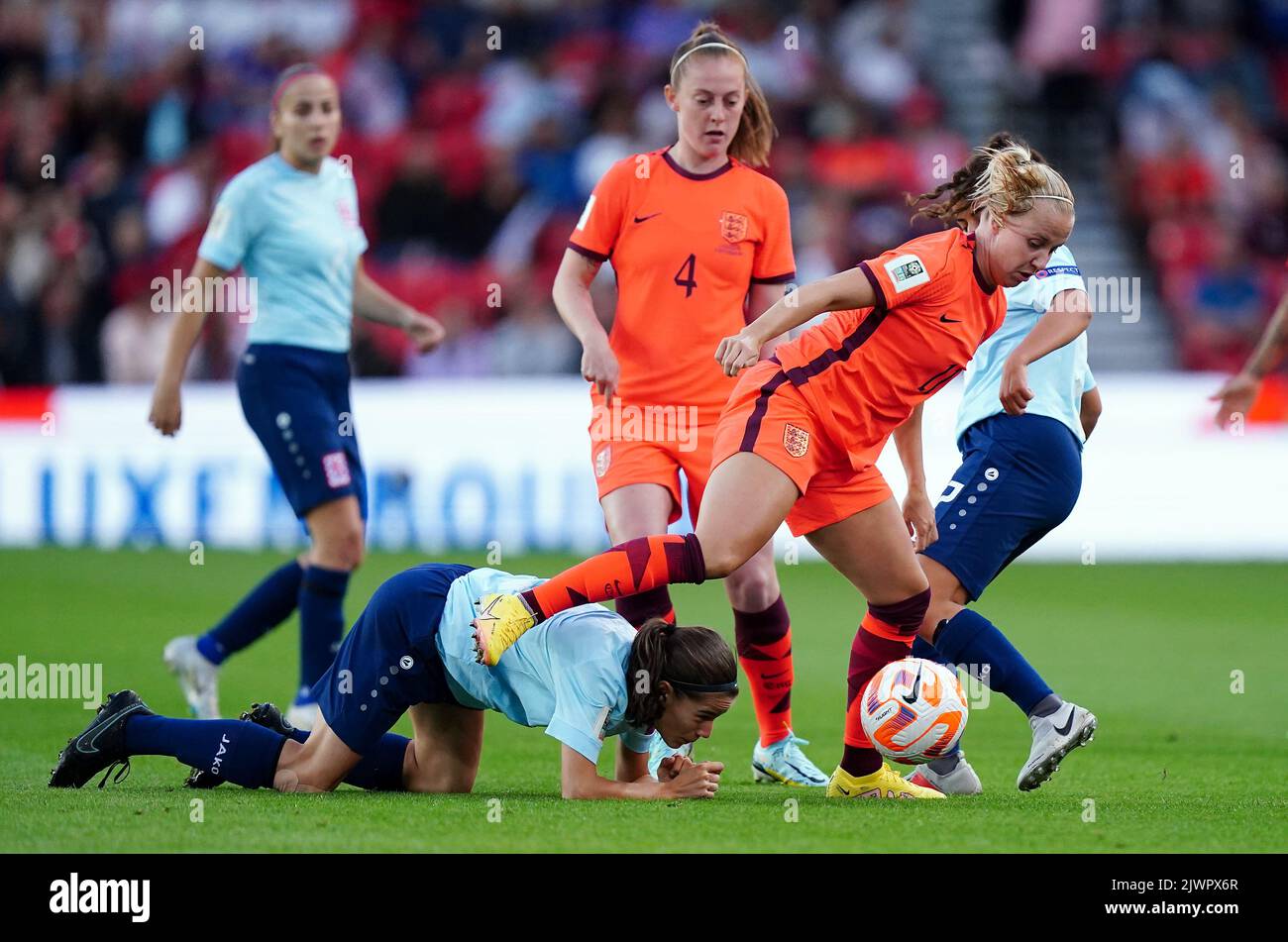 England’s Beth Mead gets past Luxembourg's Charlotte Schmit during the ...