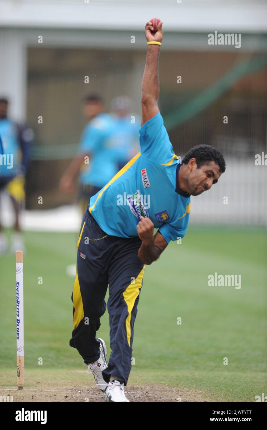 Sri Lanka's Dhammika Prasad bowling in the nets during a training session at the SCG, Sydney ...