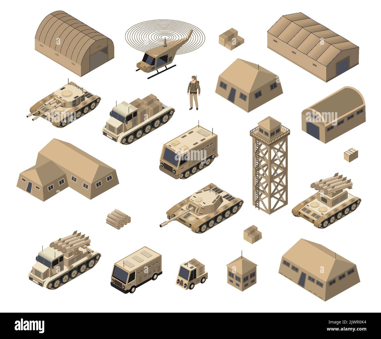 Set of army armed troop isometric armed military transport objects ...