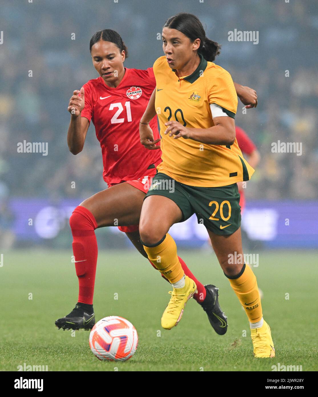 Jade Rose of the Canadian Women's Soccer team (R) and Sam Kerr of the ...